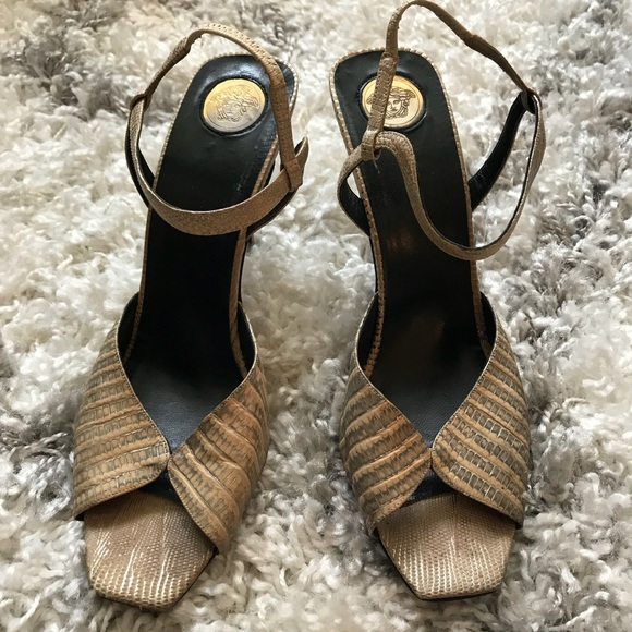 Versace | Shoes | Versace Peep Toe Snakeskin Heeled Sandals | Poshmark
